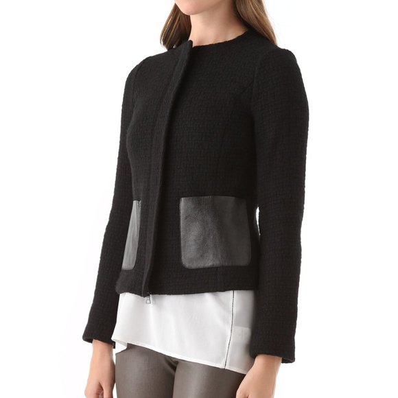 Vince | Jackets & Coats | Vince Weave Black Wool Zipper Leather Trim ...